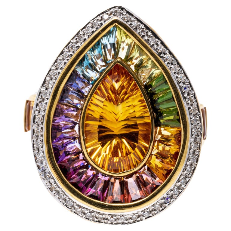 18k Yellow Gold Large Pear Shaped Multi Stone and Diamond Rainbow Ring ...
