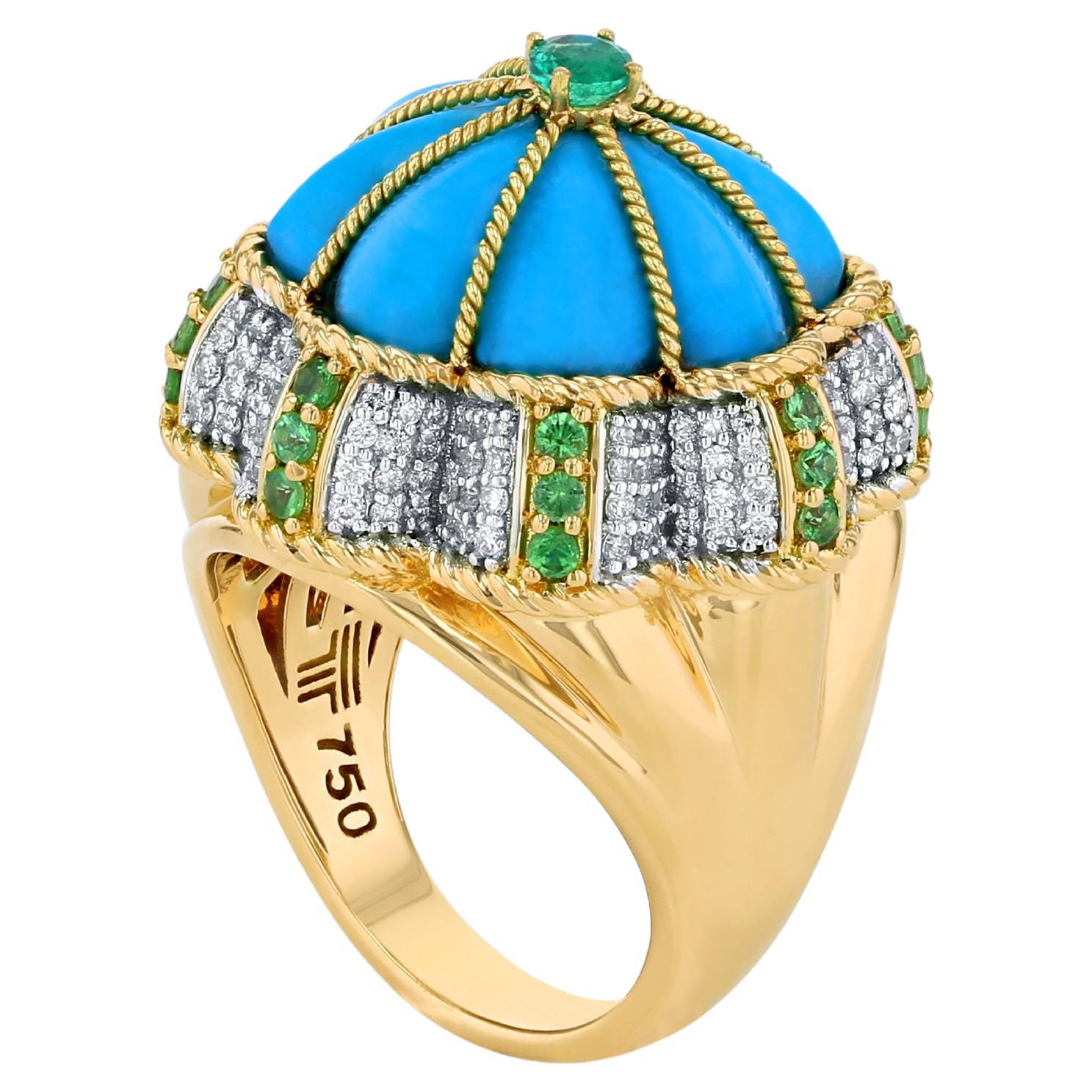 Handcrafted Turquoise and Diamond Rope Texture 18K Yellow Gold Ring For ...