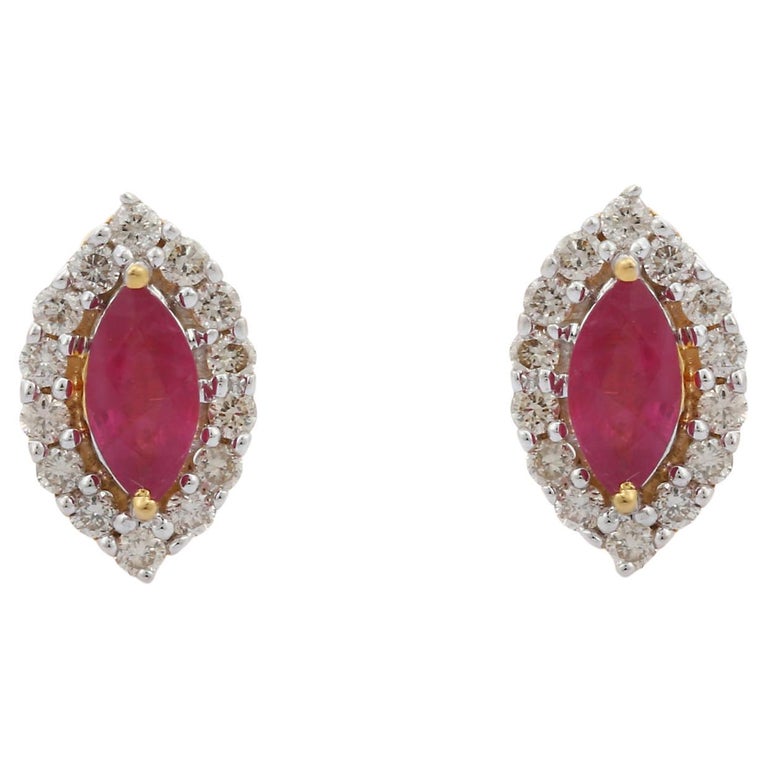 18K Yellow Gold Marquise Ruby Gemstone and Halo Diamond Stud Earrings For Sale at 1stDibs