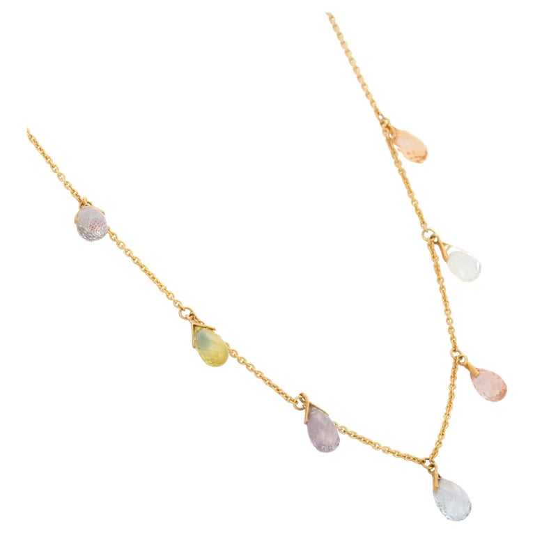 18K Yellow Gold Minimal 10.84 ct Drop Multi Sapphire Necklace Enhancer ...