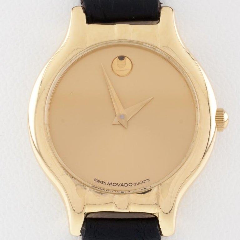 18k Yellow Gold Movado Women's Quartz Watch w/ Black Leather Band Nice ...