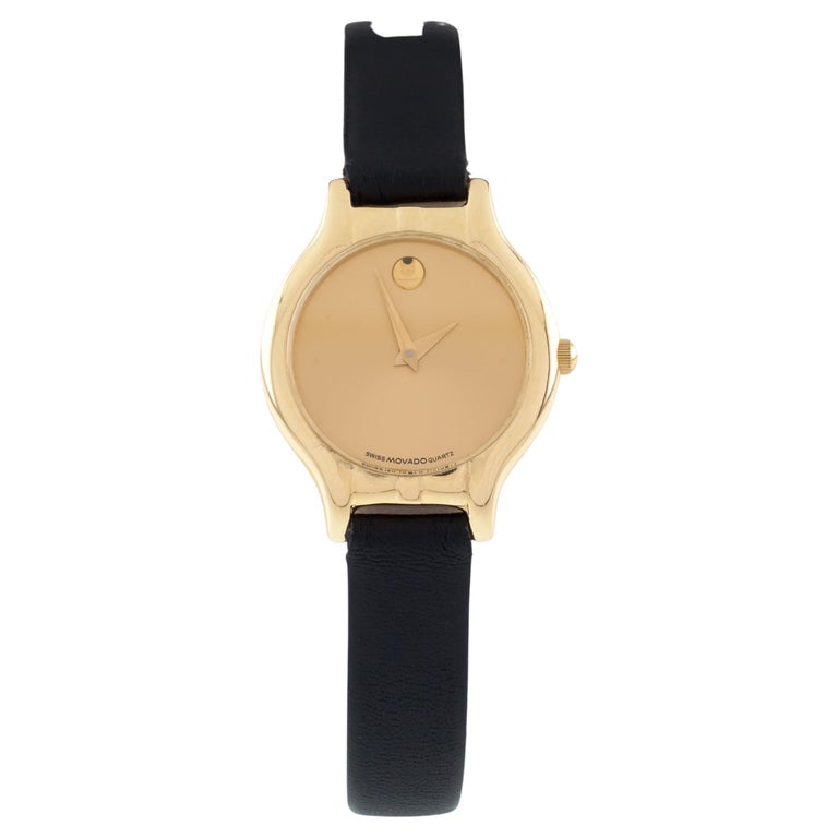 18k Yellow Gold Movado Women's Quartz Watch w/ Black Leather Band Nice ...