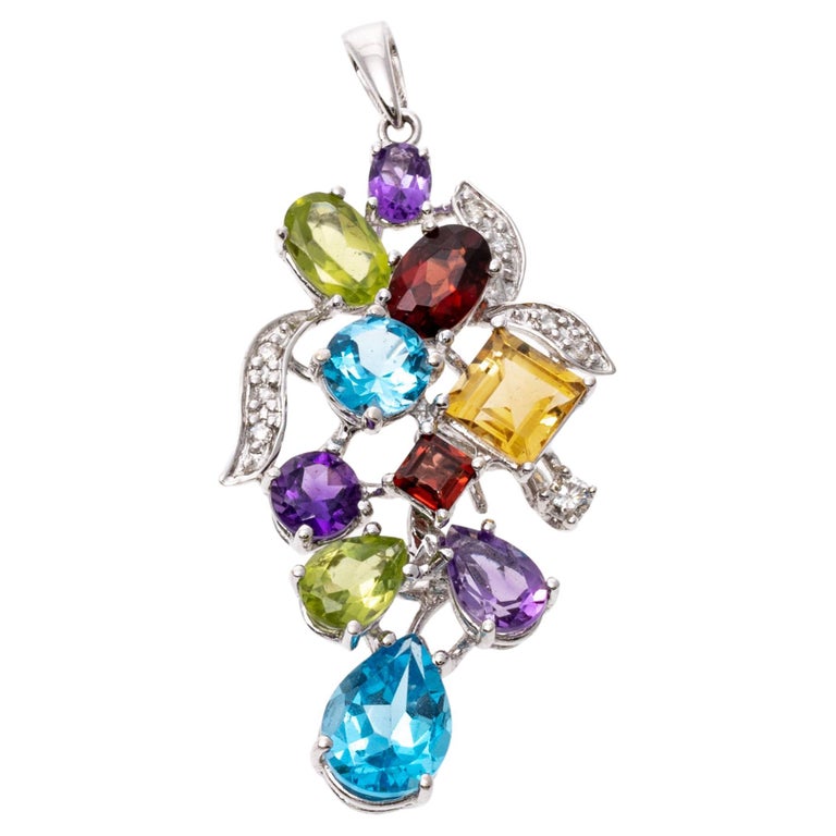 18k White Gold Multi-Color Gemstone and Diamond Grape Cluster Pendant ...