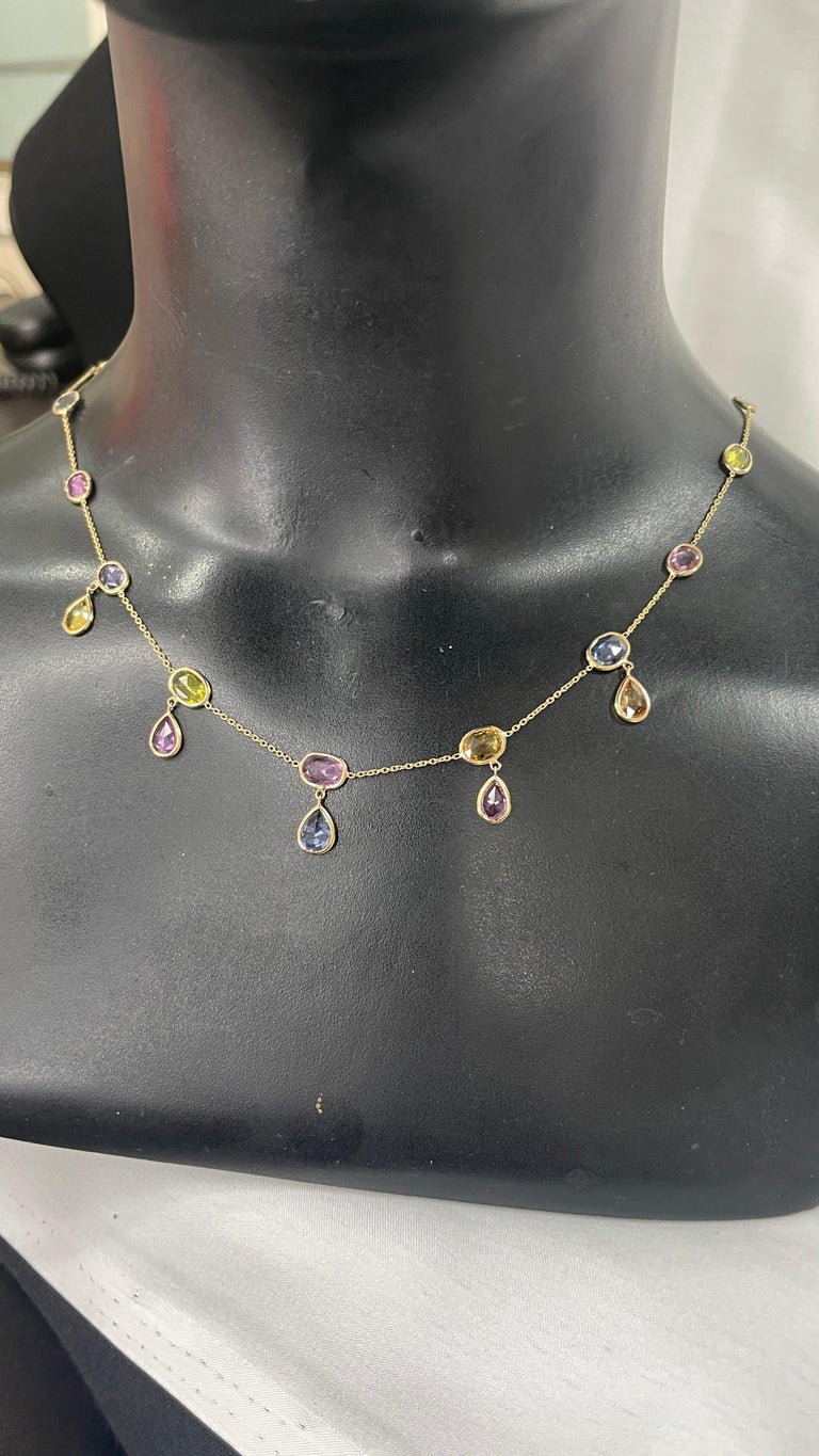 18K Yellow Gold Multi Gemstone Drop and Chain Necklace For Sale at 1stDibs