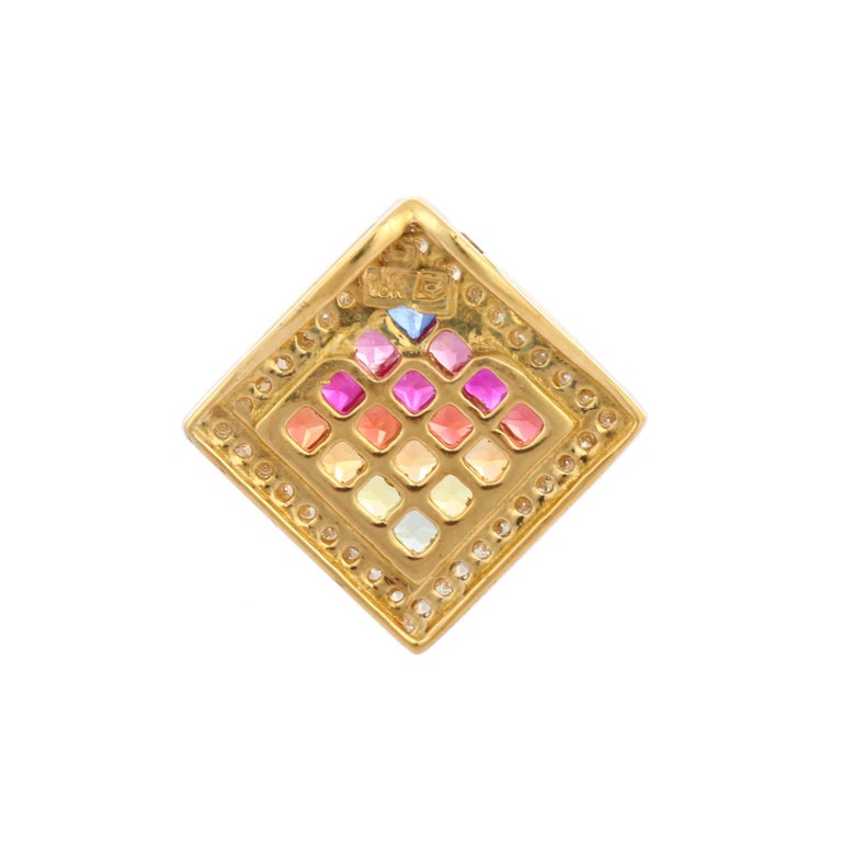 18K Yellow Gold Multi Sapphire Square Pendant Necklace with Halo ...