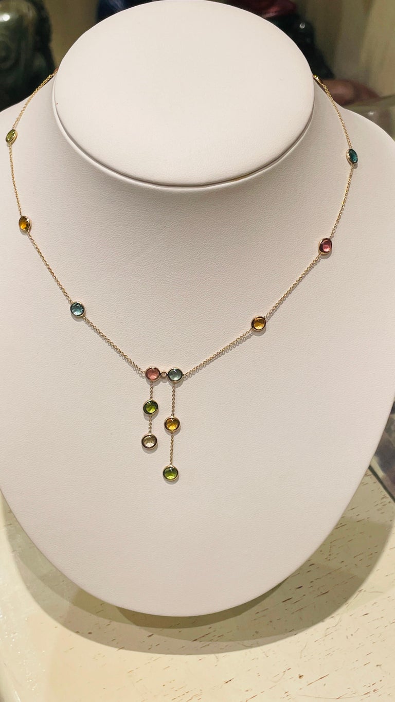 18K Yellow Gold Multi Tourmaline and Diamond Chain and Drop Necklace ...