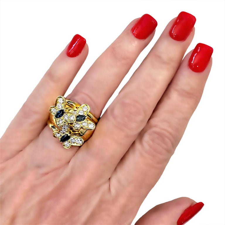 18k Yellow Gold Multiple Butterfly Motif Ring with Diamonds and Blue ...