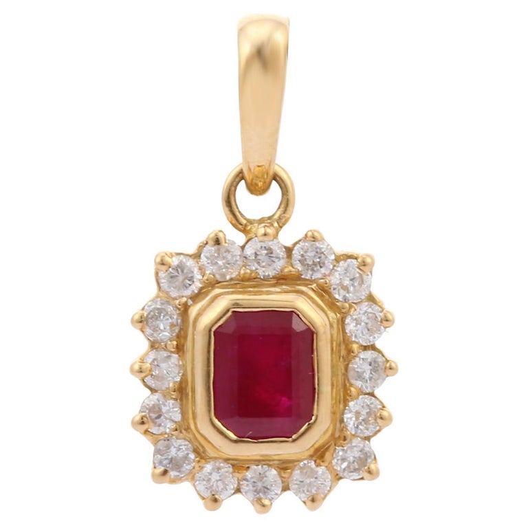 18K Yellow Gold Natural Ruby Pendant Necklace with Halo of Diamonds For ...
