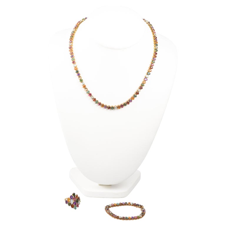 Collier, bague et bracelet en or jaune 18 carats avec pierres semi ...