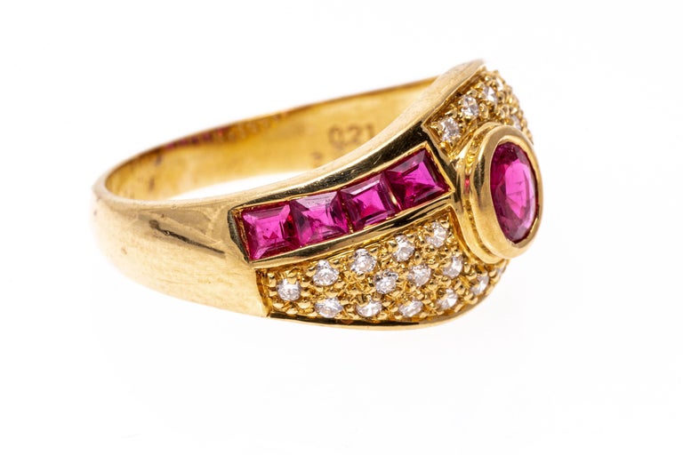 18k Yellow Gold Offset Pave Diamond and Square Ruby Dome Ring For Sale ...