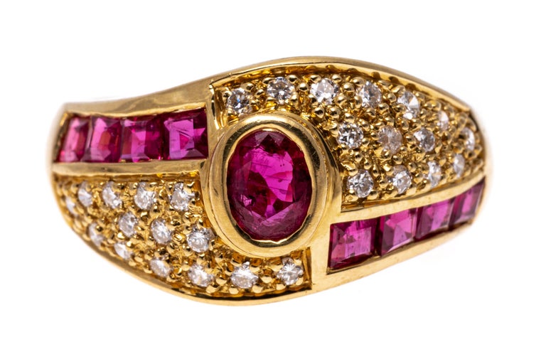 18k Yellow Gold Offset Pave Diamond and Square Ruby Dome Ring For Sale ...