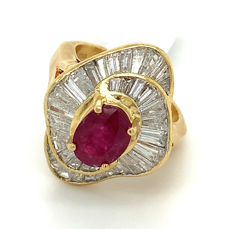 18k Yellow Gold Oval Red Ruby W/ A Halo Of Baguette Cut Diamonds ...