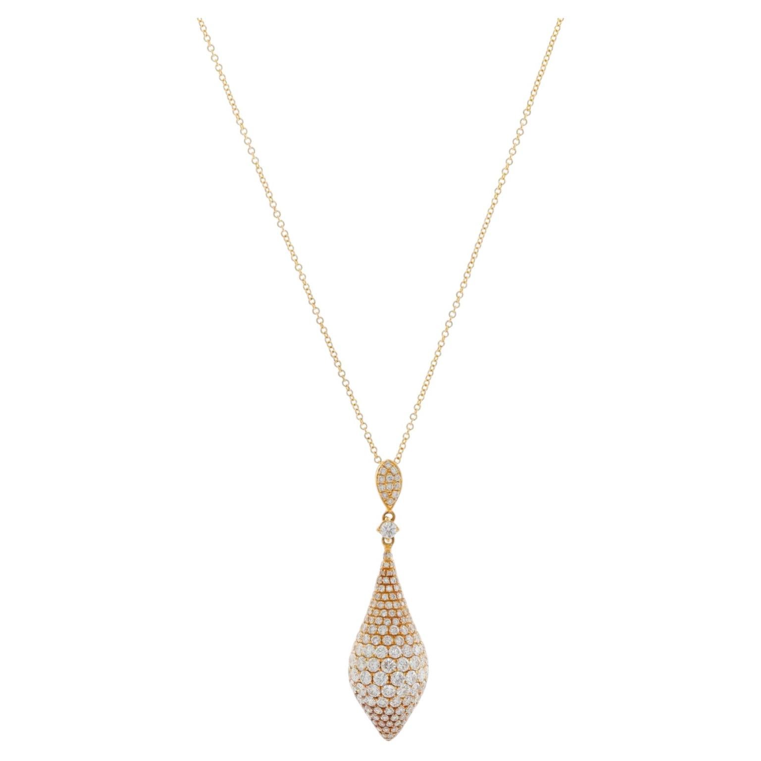 18K Yellow Gold Pave Diamond Drop Pendant with Chain For Sale at 1stDibs
