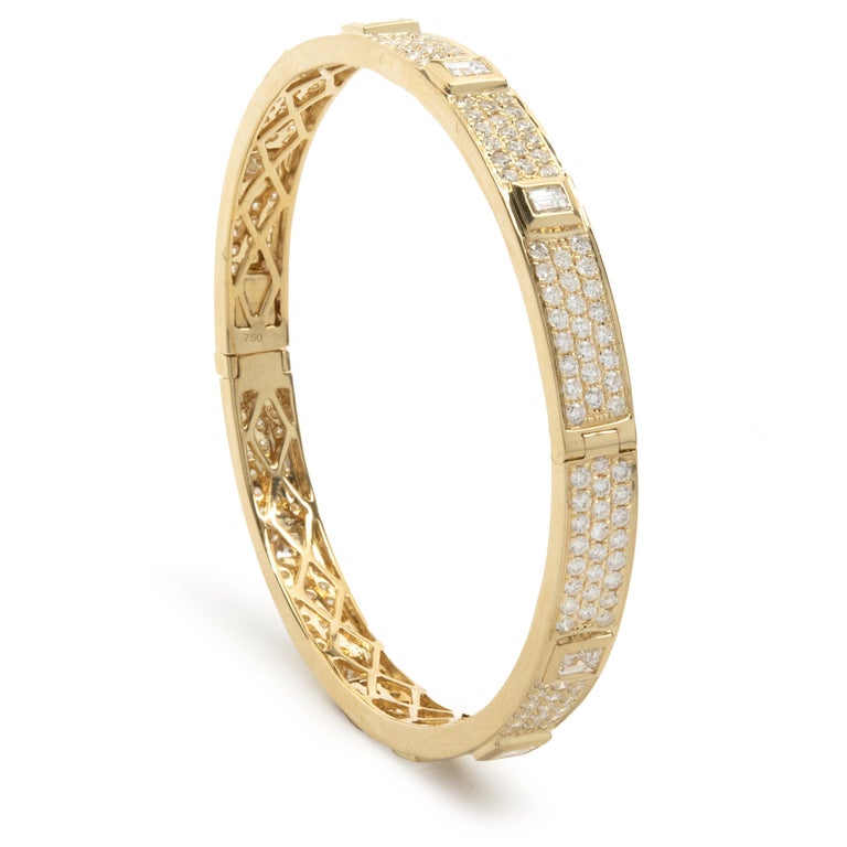 18k Yellow Gold Pave Diamond Eternity Bangle with Asscher Cut Diamond ...