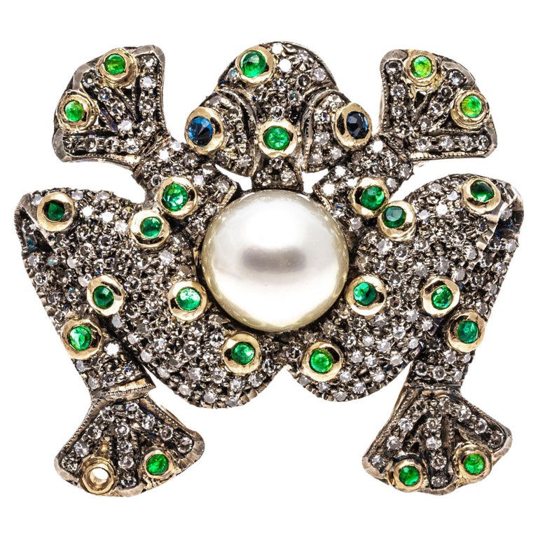 18k Yellow Gold Pave Set Diamond, Emerald and Cultured Pearl Frog Ring ...
