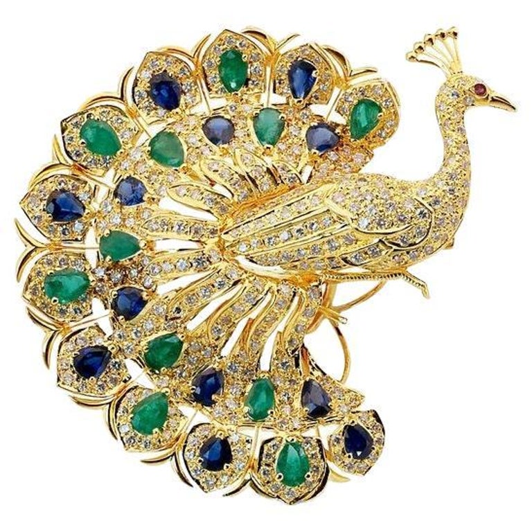 18k Yellow Gold Peacock Brooch 7.45 Carat Natural Gemstones and ...