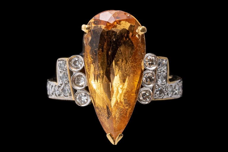 18k Yellow Gold Pear Shaped Peach Topaz and Diamond Ring For Sale at ...