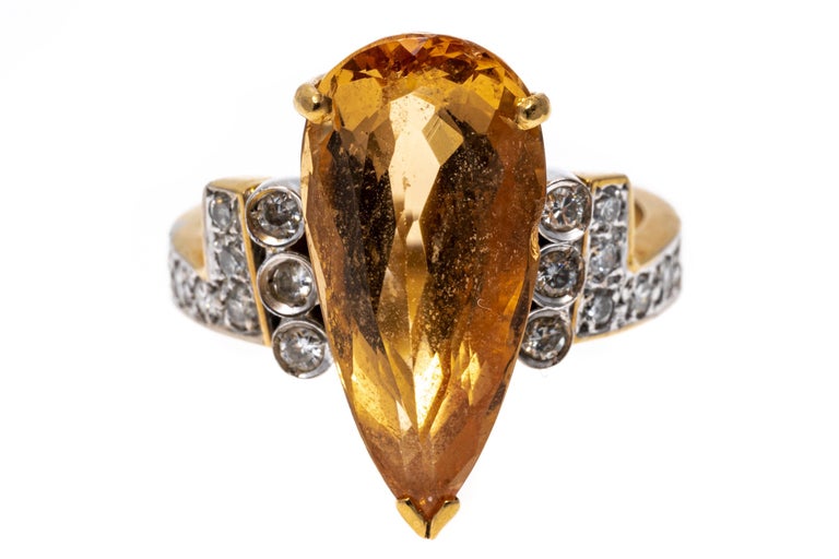 18k Yellow Gold Pear Shaped Peach Topaz and Diamond Ring For Sale at ...