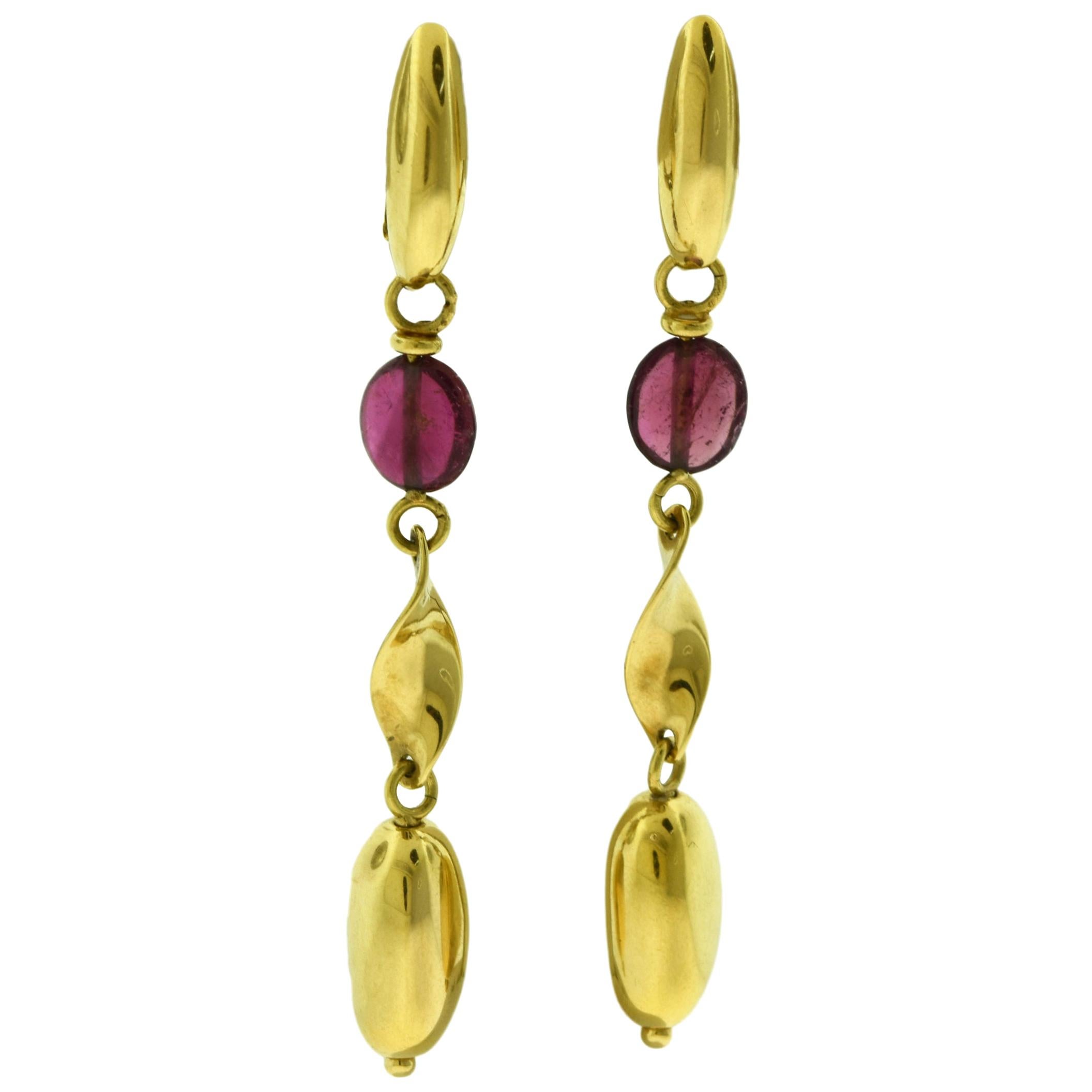 Large Pink Tourmaline Pearl Gold Dangle Earrings at 1stDibs