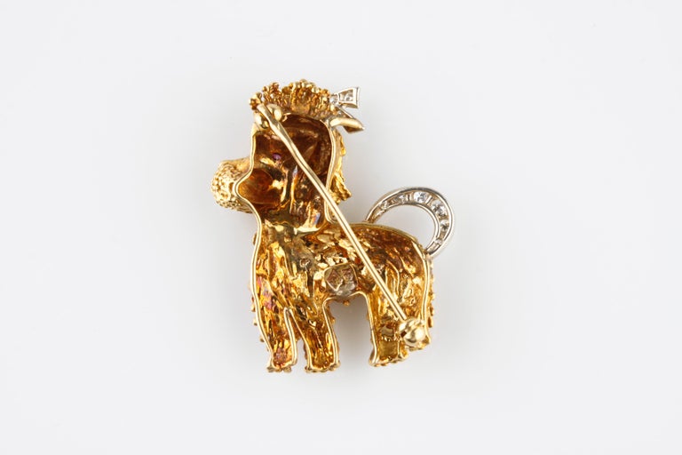 18k Yellow Gold Poodle Brooch Featuring Diamond and Ruby Accents with ...