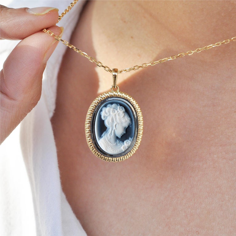 18K Yellow Gold Princess Lady Victorian Agate Cameo Carving Pendant ...