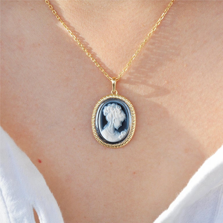 18K Yellow Gold Princess Lady Victorian Agate Cameo Carving Pendant ...