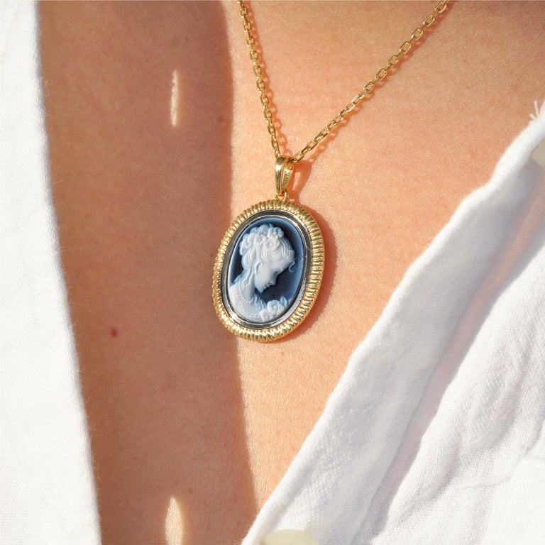 18K Yellow Gold Princess Lady Victorian Agate Cameo Carving Pendant ...