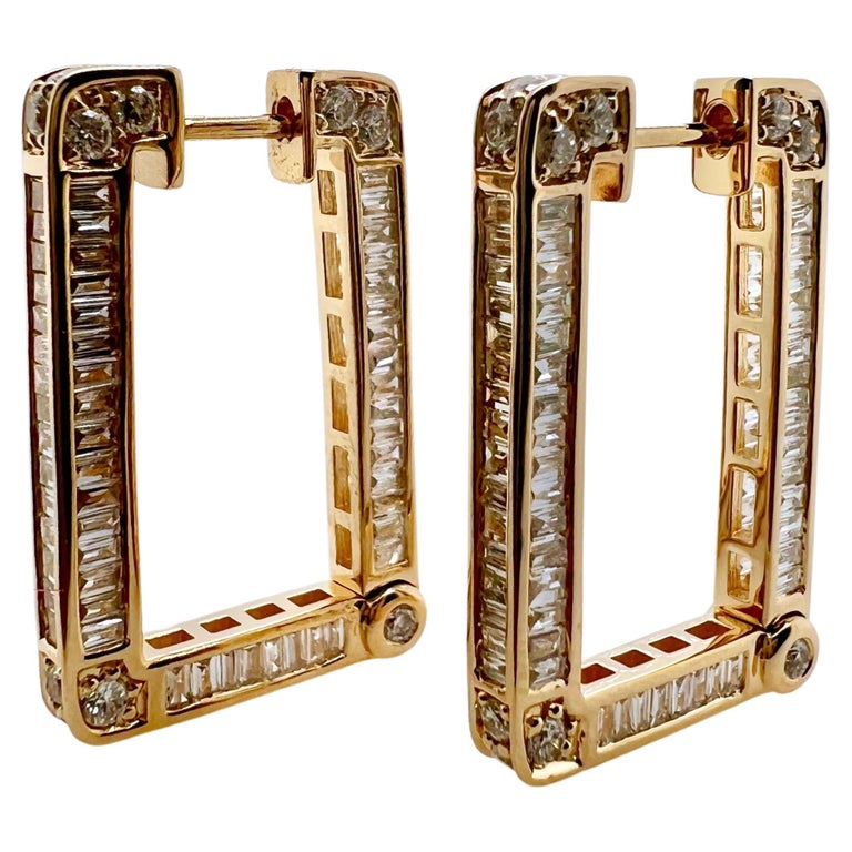 18k Yellow Gold Rectangular Hoop Earrings with 3 Sides of Diamonds For ...