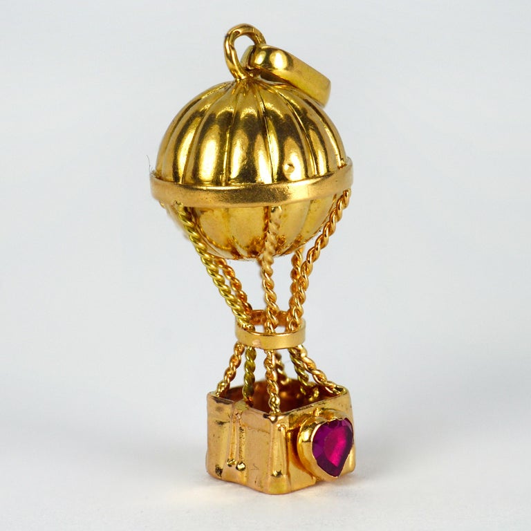 18 Karat Yellow Gold Red Ruby Love Heart Hot Air Balloon Charm Pendant ...