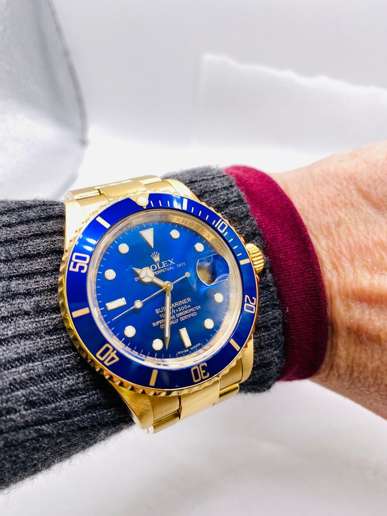 18k Yellow Gold Rolex Submariner Blue Dial at 1stDibs