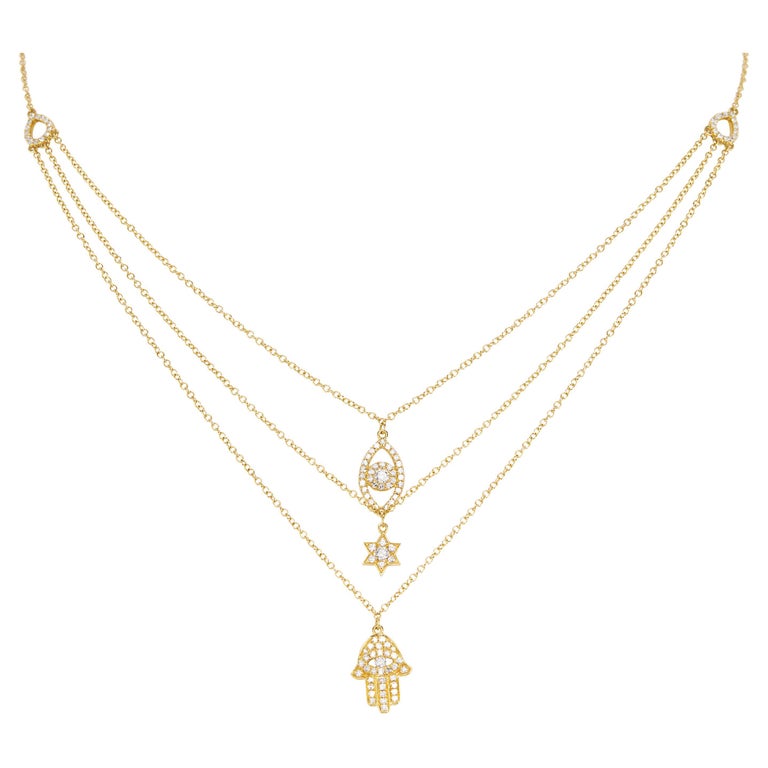 18k Yellow Gold Round Pave Diamond Charm Layered Necklace For Sale at ...