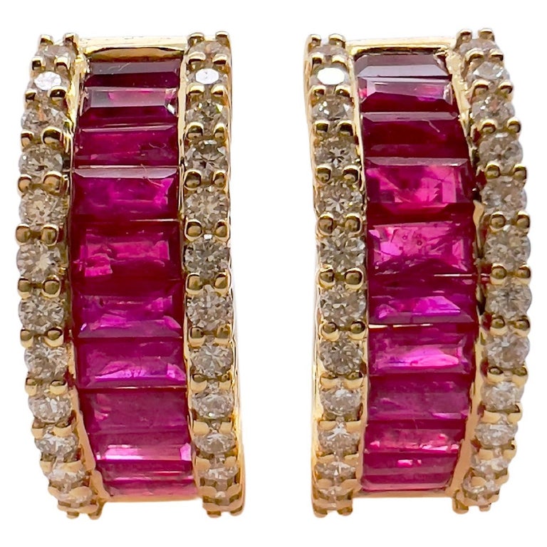 18k Yellow Gold Ruby and Diamond Hoop Earrings For Sale at 1stDibs