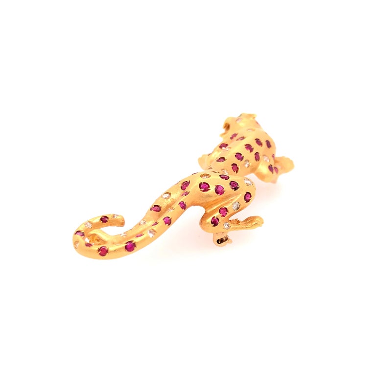 18 Karat Yellow Gold Ruby and Diamond Jaguar Pin at 1stDibs