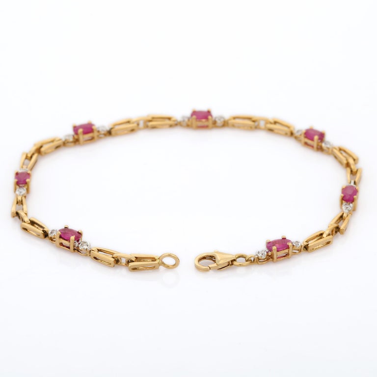 18K Yellow Gold Ruby Diamond Chain Bracelet For Sale at 1stDibs