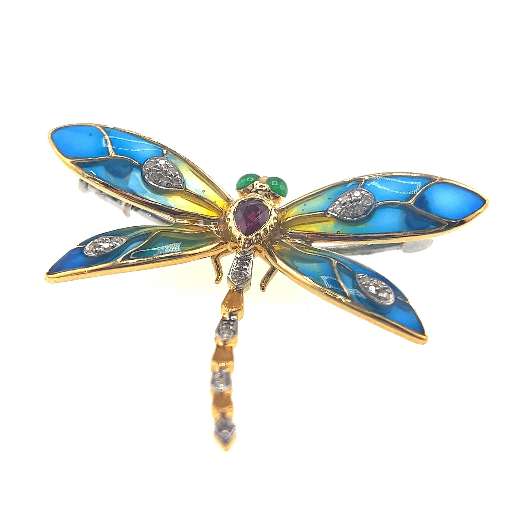 18K Yellow Gold Ruby and Diamond Dragonfly Brooch Pendant For Sale at ...