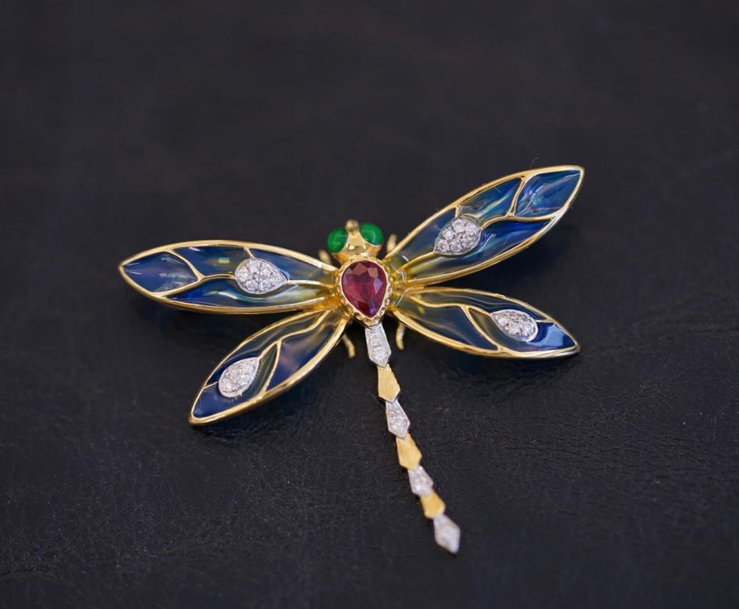 18K Yellow Gold Ruby and Diamond Dragonfly Brooch Pendant For Sale at ...