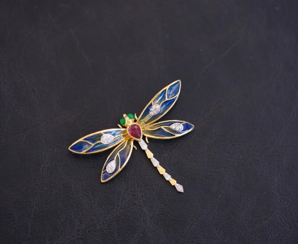 18K Yellow Gold Ruby and Diamond Dragonfly Brooch Pendant For Sale at 1stDibs