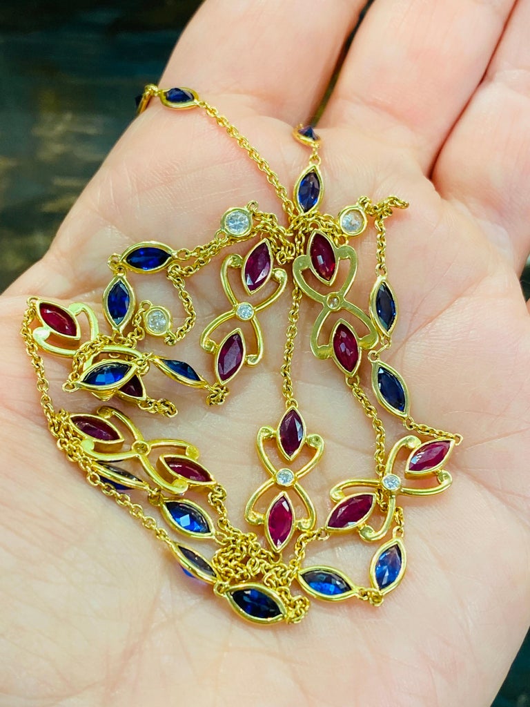 Ruby, Sapphire, Diamond Yellow Gold Necklace For Sale at 1stDibs