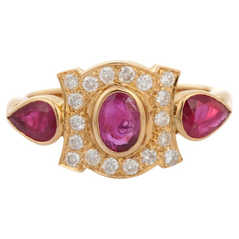 Customizable 18K Yellow Gold Ruby Three Stone Ring with Diamonds ...