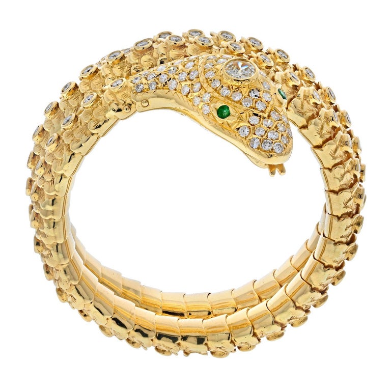 18K Yellow Gold Serpent Snake Wrap Around Diamond Bracelet For Sale at ...