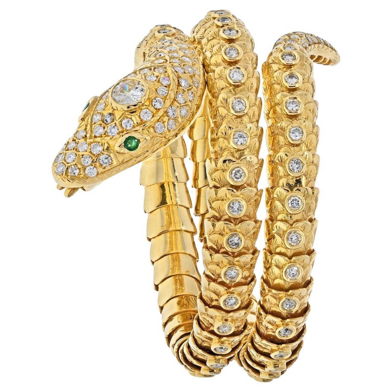 18K Yellow Gold Serpent Snake Wrap Around Diamond Bracelet For Sale at ...