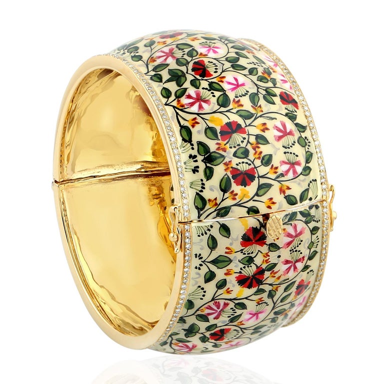 18 Karat Yellow Gold Sterling Silver 2.28 Carat Diamond Pave Enamel ...