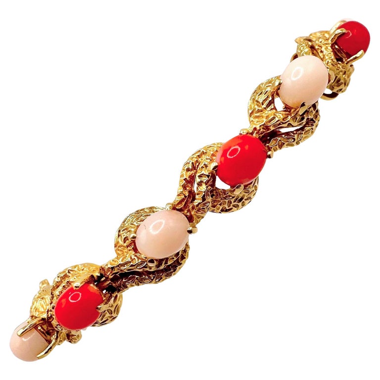 18K Yellow Gold Textured Link Orange Coral and Angel Skin Coral Casual ...