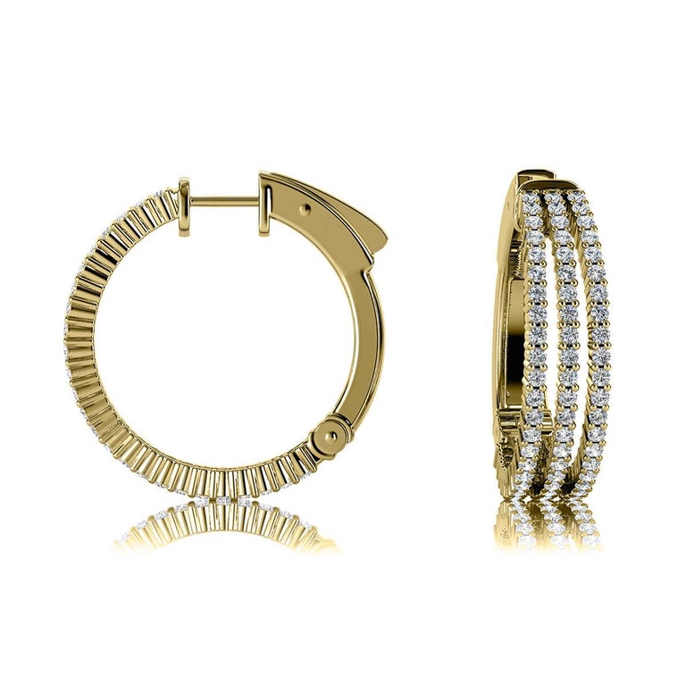 18 Karat Yellow Gold Three-Row Hoop Diamond Earrings '1 1/2 Carat' For ...