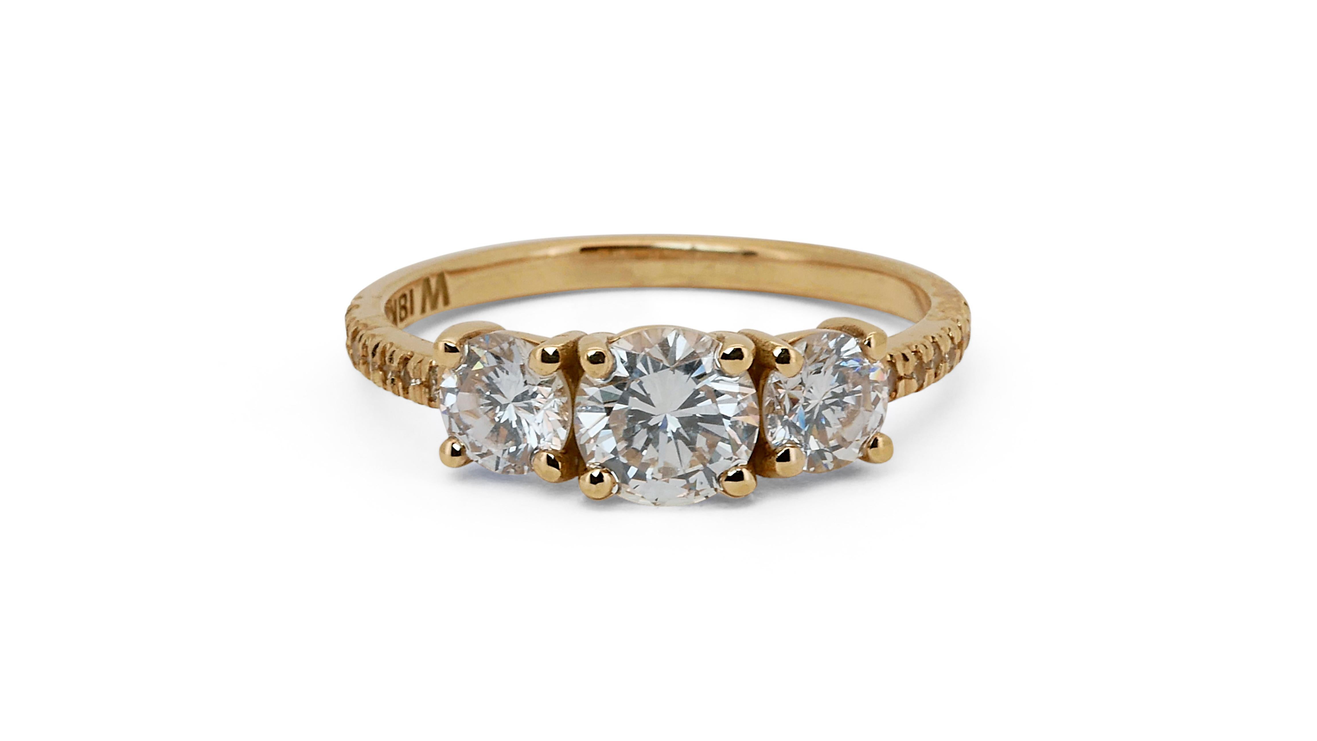 18k Yellow Gold Three Stone Pave Ring w/ 1.49ct Natural Diamonds AIG ...