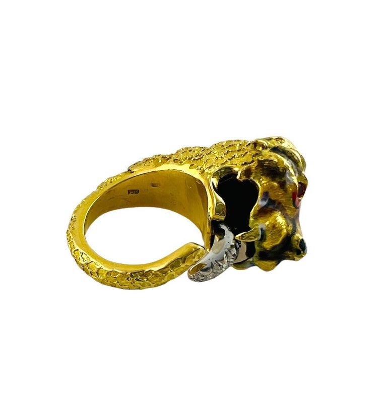 18k Yellow Gold Tiger Ring Diamond Tongue Ruby Eyes For Sale at 1stDibs