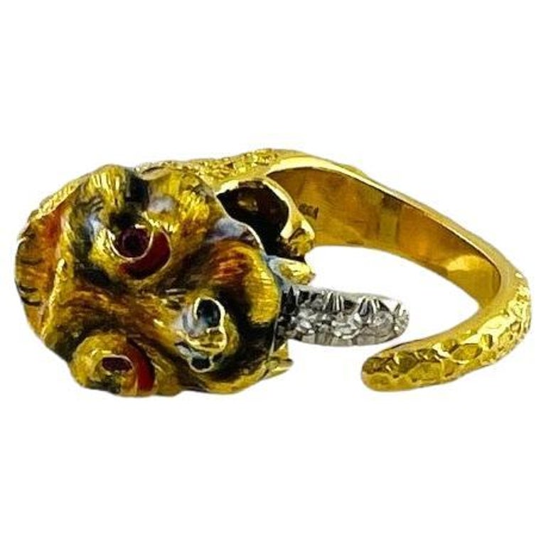 18k Yellow Gold Tiger Ring Diamond Tongue Ruby Eyes For Sale at 1stDibs