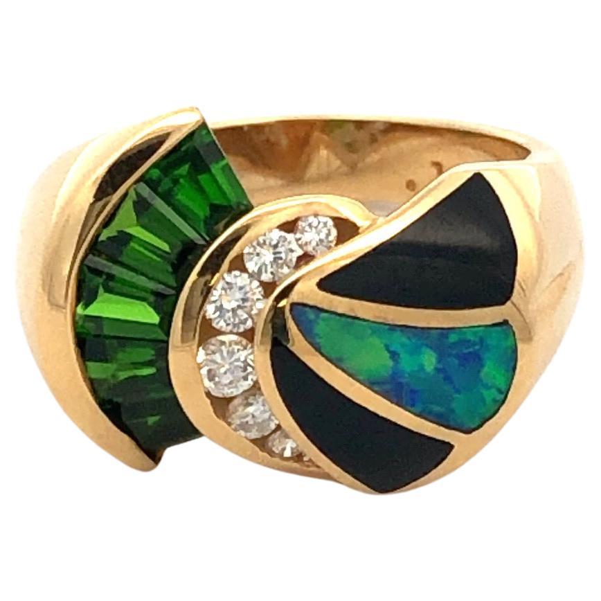 Ornate 18k Scroll Pattern Opal and Diamond Band Ring For Sale at 1stDibs