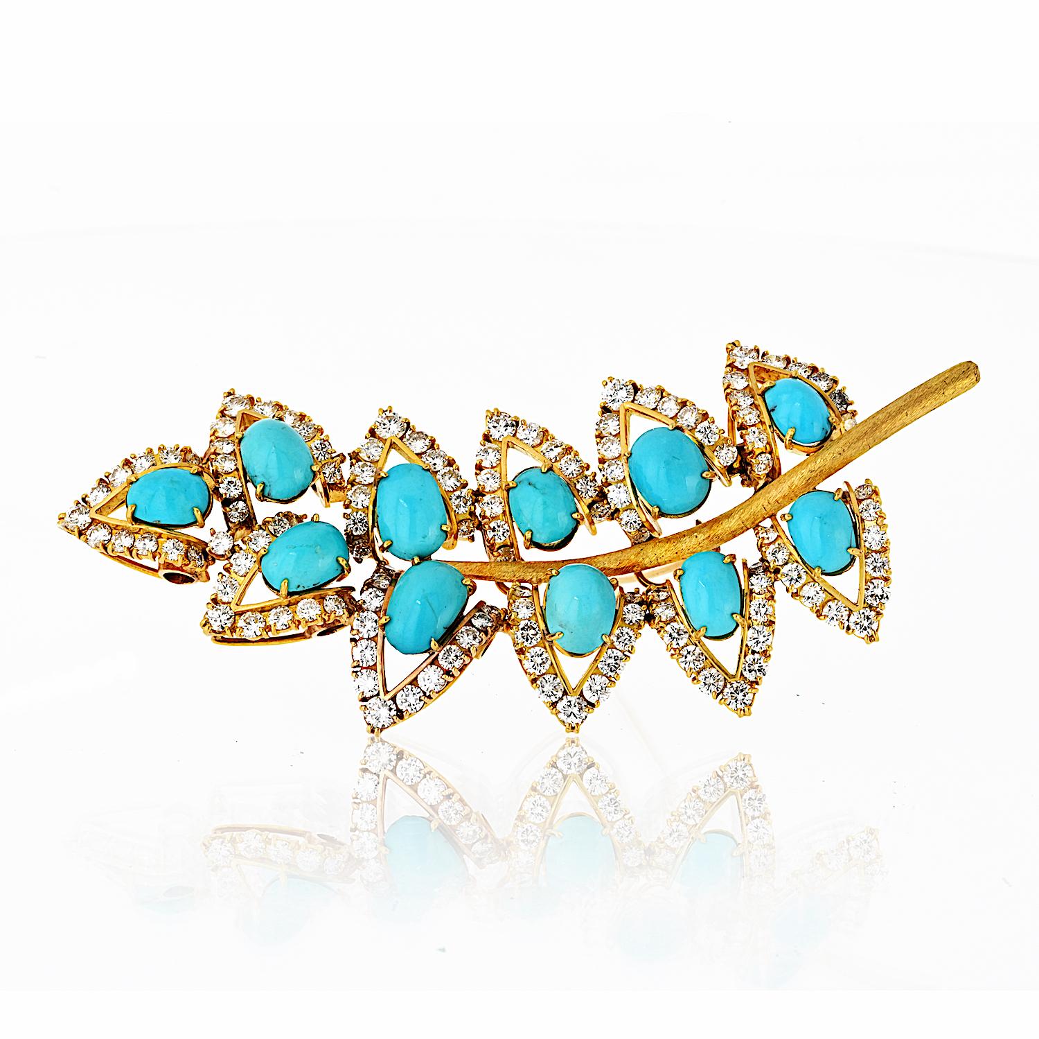 18K Yellow Gold Turquoise Leaf Motif Diamond Brooch For Sale at 1stDibs