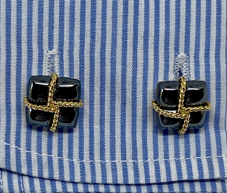 18 Karat Yellow Gold Twist Rope and Hematite Cufflinks by Louis Tamis ...